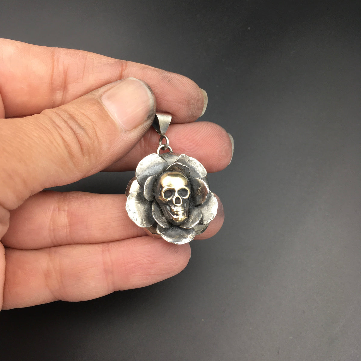 Handcrafted Sterling Silver Rose Pendant with Brass Skull – Metal Cloth ...